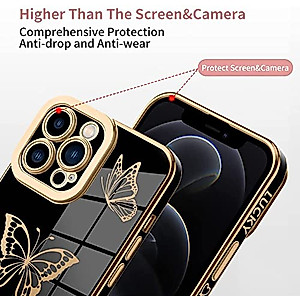 MZELQ Designed for iPhone 13 Pro Max Case Butterflies Design for Women Girl with Screen Protector,Cute Luxury Plating Bumper Case with Full Camera Lens Protection Cover 6.7 inch- Black