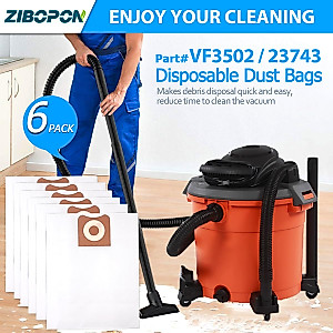 6 Pack VF3502 High Efficiency Dust Bags Replacement for RIDGID 12 to 16 Gallon Wet/Dry Vacs, Vacuum Filter Bags