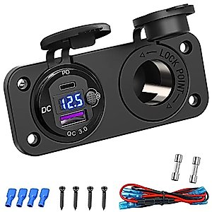 Cigarette Lighter Socket 12 Volt USB Outlet: PD 20W USB C and QC3.0 Car USB Port Aluminum Metal 12V Plug, 150W Car Charger USB Socket Panel with Power Switch LED Voltmeter for Marine Boat RV Golf Cart