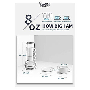 Sweese 406.401 Porcelain Stackable Cappuccino Cups with Saucers and Metal Stand - 8 Ounce for Specialty Coffee Drinks, Cappuccino, Latte, Americano and Tea - Set of 4, White