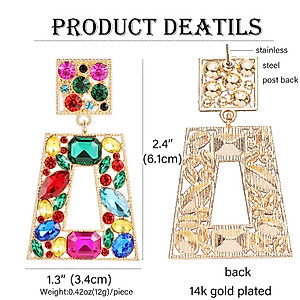 Canboer Colorful Rhinestone Rectangle Dangle Earrings Sparkly Geometric Drop Statement Earrings Hypoallergenic for Women Party Prom