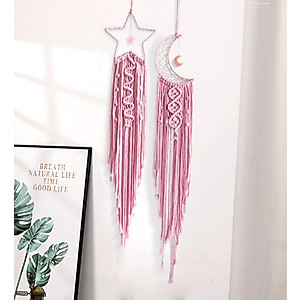 Dream Catchers Star Moon Dream Catcher Pink Room Decor, Macrame Dream Catcher Girls Teenager Bedroom Wall Decor,Boho Dream Catcher Girls Room Decor Teen Girl Gifts for Women Birthday Gifts Mother Day