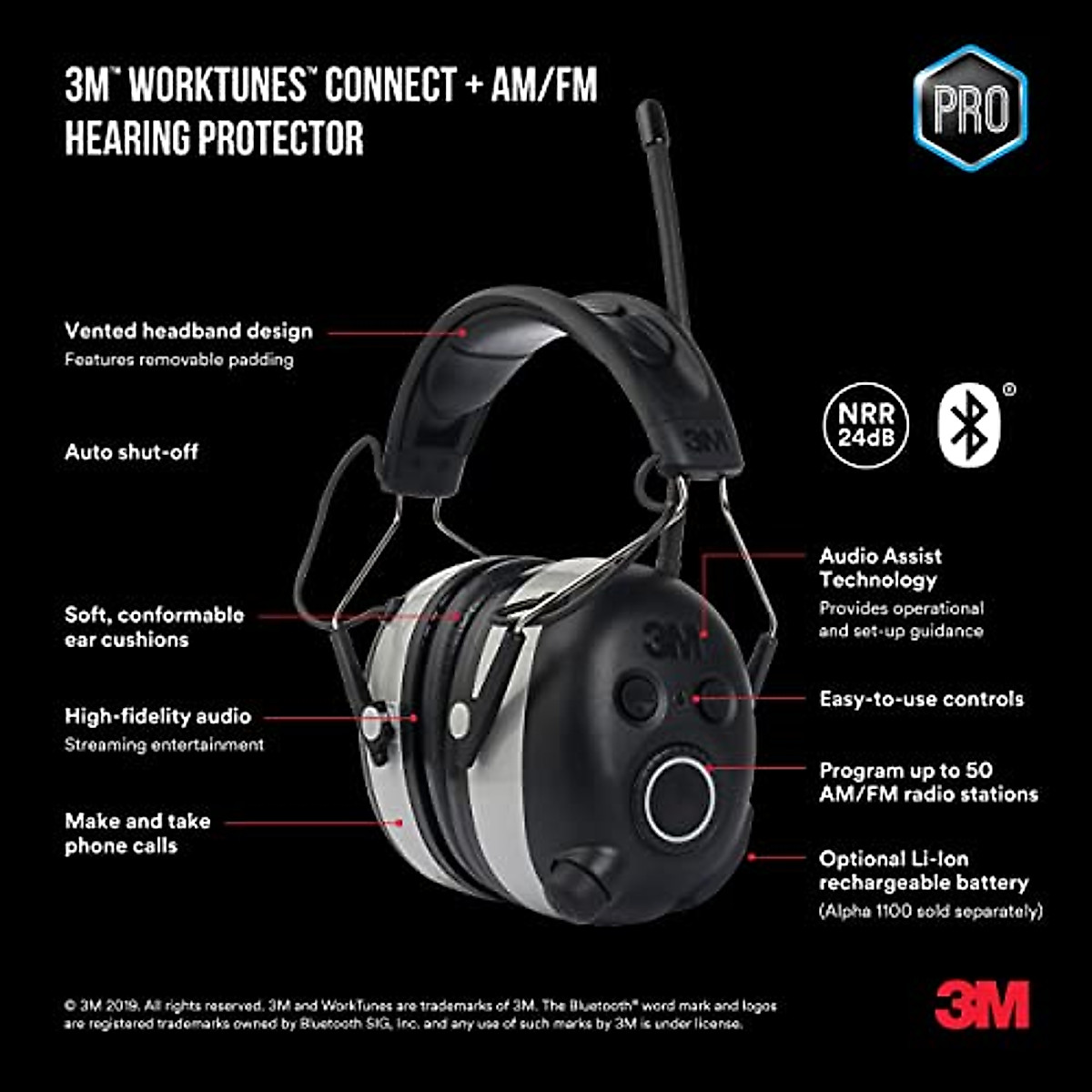 3M WorkTunes Connect + AM/FM Hearing Protector with Bluetooth Wireless Technology, Ear protection for Mowing, Snowblowing, Construction, Work Shops