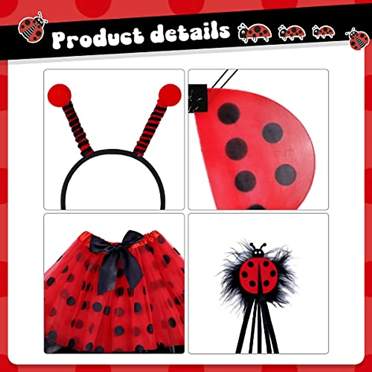 WILDPARTY Girl Ladybug Costume Set with Ladybug Wings, Tutu, Magic Wand, Headband Costume Set LadyBugDress-Suit-A made in China