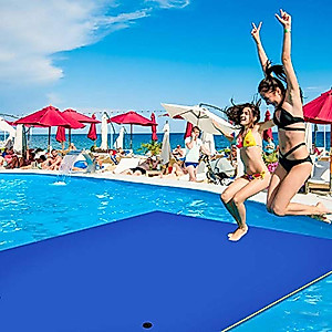 GYMAX Floating Water Pad, 9'/18' x 6' Water Foam Mat with Rolling Pillow, 3-Layer Floating Island for Pool River Lake Beach Ocean Water Activities (Blue, 9 Feet)