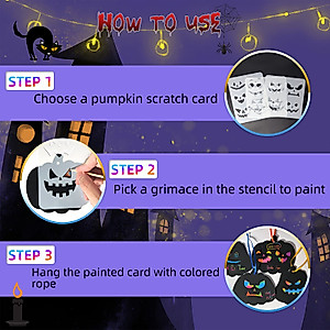 72Pcs Halloween Scratch Paper, Scratch Art Paper Crafts Halloween Magic Rainbow Scratch Paper with 24 Wooden Sticks and 72 Colorful Ribbons, Halloween Art Cards Perfect for Kids Church DIY(Pumpkin)