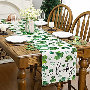 Siilues St Patricks Day Table Runner, Lucky St Patricks Day Decoraions Green Shamrock Seasonal Spring Holiday Table Decorations for Indoor Outdoor Dining Table Decor (13'' x 72'')