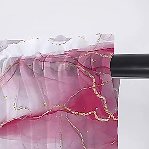 Semi Sheer Curtain Valance for Kitchen Windows Abstract Marble Agate Texture Chiffon Rod Pocket Half Window Curtains Topper for Bathroom/Living Room/Bedroom Pastel Theme Pink Purple White Gold