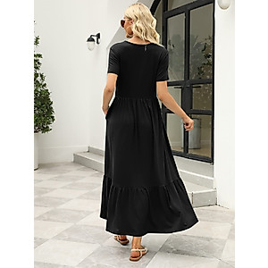 LILLUSORY Womens Short Sleeve Crew Neck Tiered Flowy Swing Midi Dresses with Pockets Black