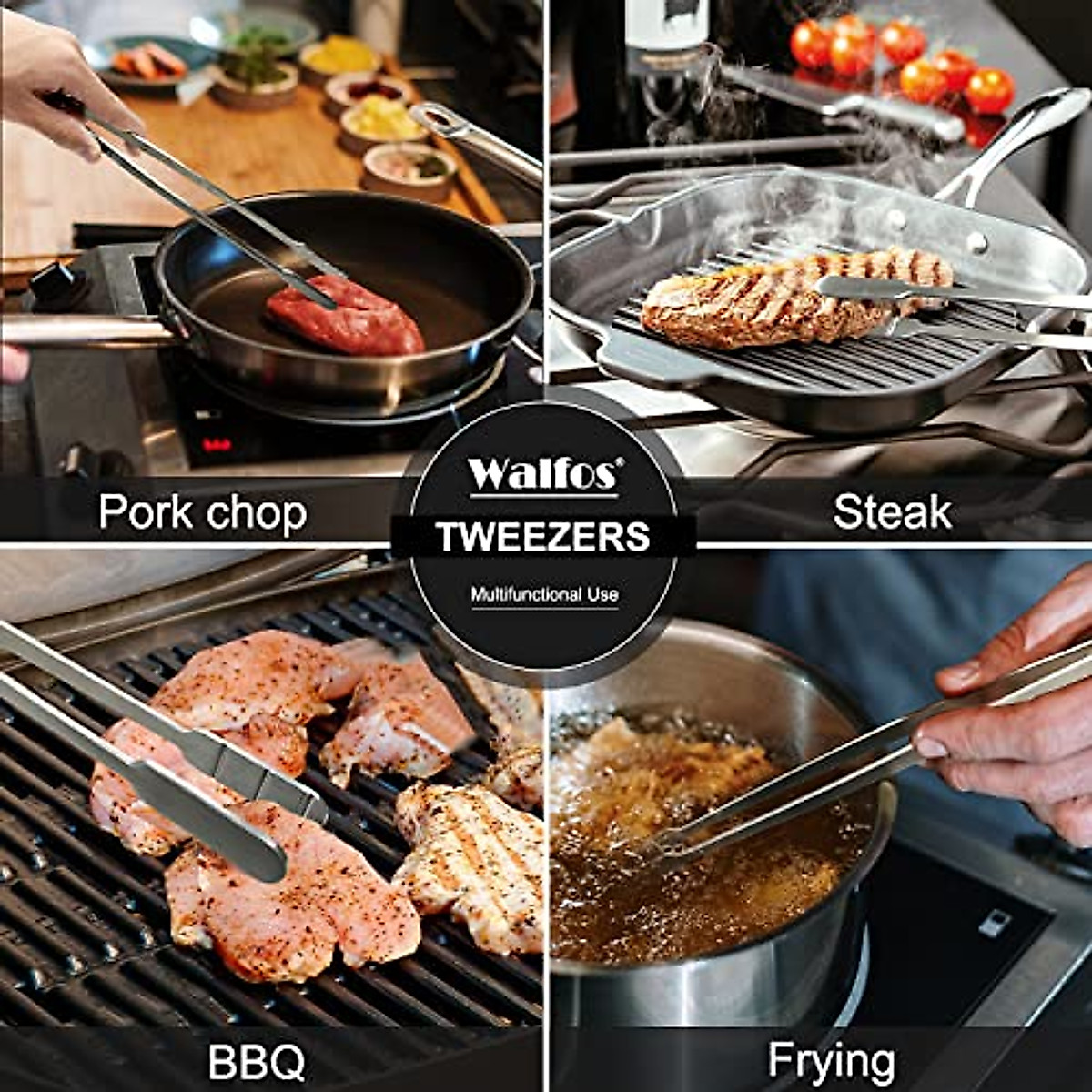 WALFOS Tweezer Tongs for Cooking,Kitchen Tweezers Stainless Steel Pasta Tweezers Tongs for Cooking, Roasting, Grabbing Small Objects, Dessert, BBQ,Spaghetti 3 Pcs (8+10+12-Inch)