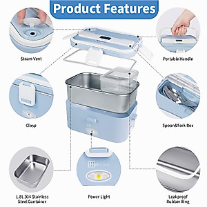 HerVive 1.8L Electric Lunch Box 60W Food Heated with Collapsible Water Bottle & Basket 12V/24V/110V Food Warmer for Car/Truck/Home 304 Stainless Steel, Durable and Leakproof (Blue + White)