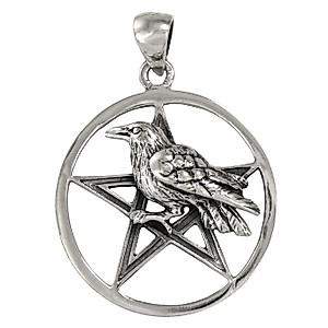 Moonlight Mysteries Raven Crow Pentacle Pendant - Sterling Silver Wiccan Pagan Pentagram Jewelry - 1 Inch