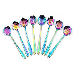 Flower Spoon Set, niceEshop Stainless Steel Teaspoon Colorful Coffee Spoon Tea Spoon Mixing Spoon Sugar Spoon, Set of 8, Rainbow