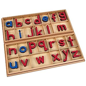 MEYOR Montessori Wooden Movable Alphabet with Box Preschool Spelling Learning Materials Large Movable Alphabet (Red & Blue)