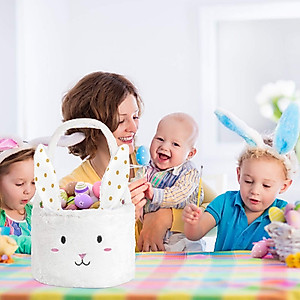 Easter Basket for Toddlers Babies, Cute Fluffy Bunny Basket with Foldable Ears, Easter Baskets Bags for Easter Egg Hunts, Plush Personalized Easter Basket Empty for Kids Girls Boys Gifts, White