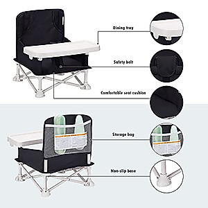 VEEYOO Travel Booster Seat - Booster Seat for Table with Removable Dining Tray, Portable Baby Chair for Indoor/Outdoor, Camping, Picnic, Beach | Folding, Compact Baby Seat with Storage Bag(Black)
