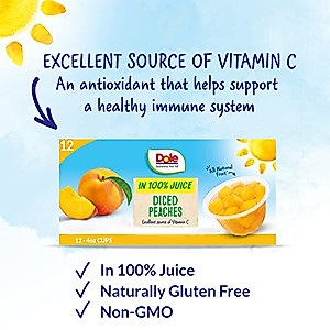 Dole Fruit Bowls Diced Peaches in 100% Juice, Back To School, Gluten Free Healthy Snack, 4oz, 12 Cups