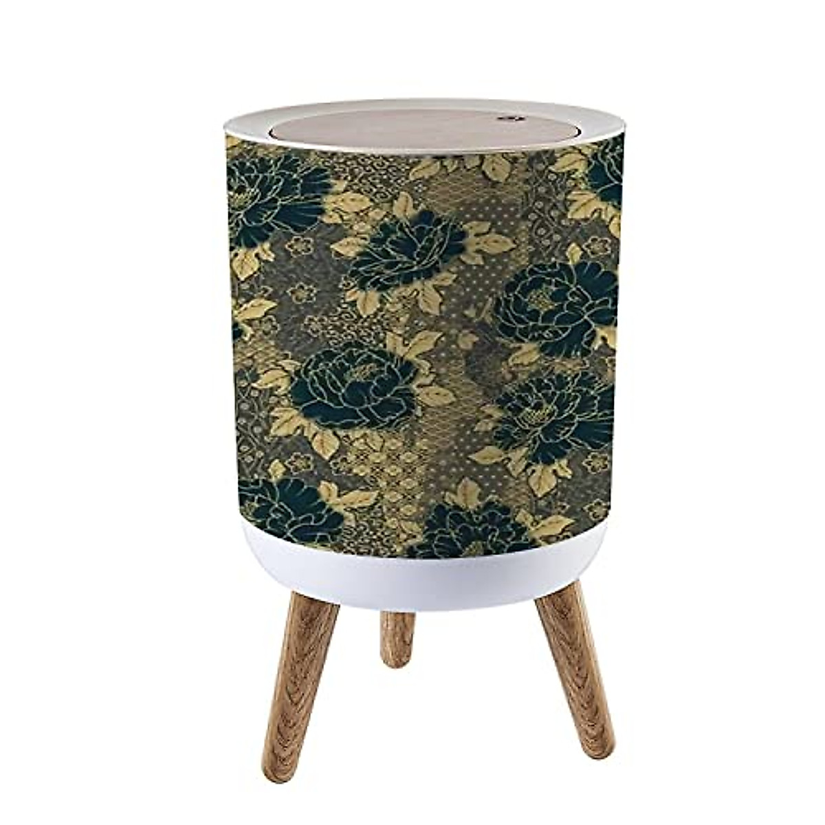 IBPNKFAZ89 Small Trash Can with Lid Japanese Peony Flowers with Traditional Fabric Patchwork Abstract Garbage Bin Wood Waste Bin Press Cover Round Wastebasket for Bathroom Bedroom Office Kitchen