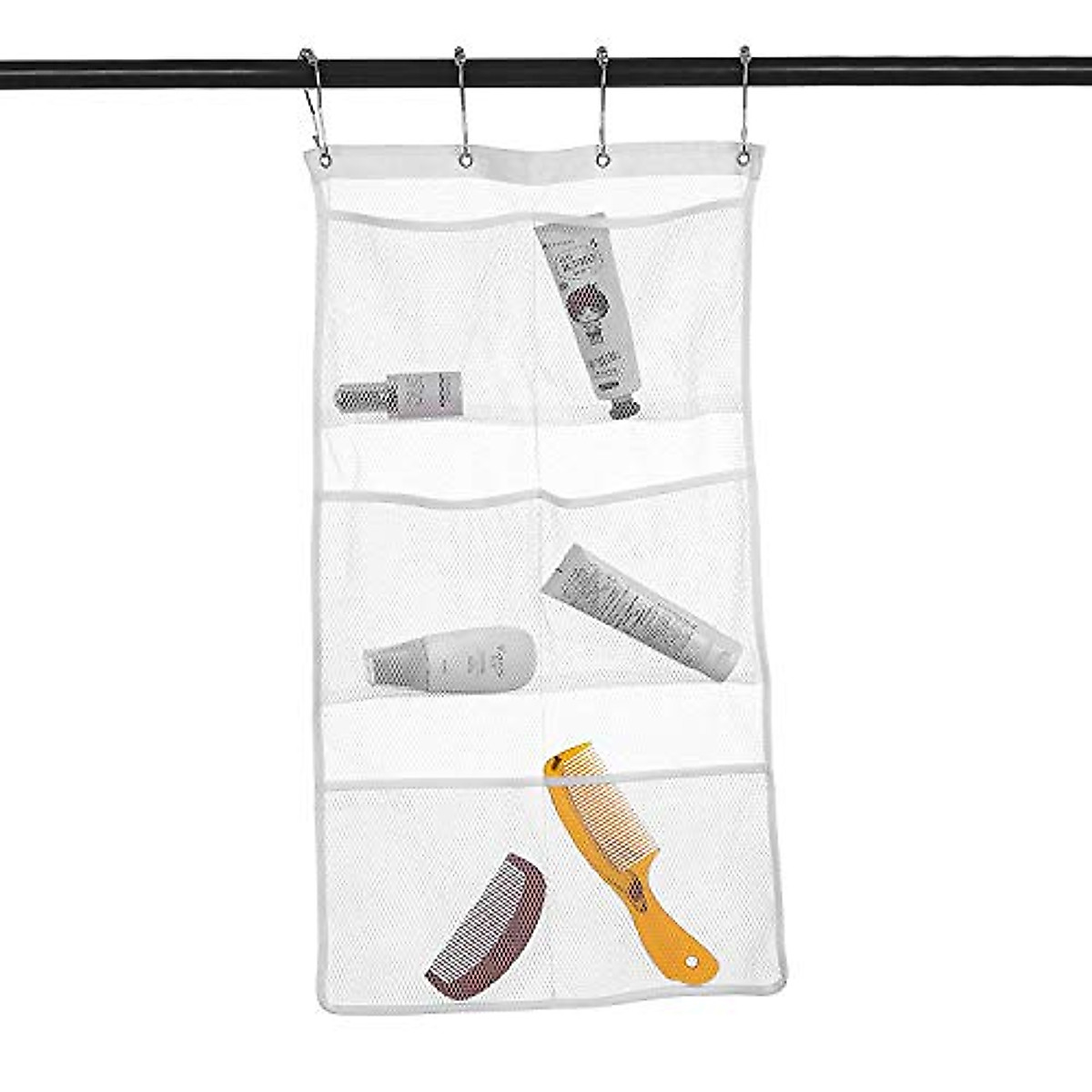Tescogo Mesh Shower Caddy Curtains Organizer - Hanging Bathroom Shower Curtain Rod/Liner Hooks Accessories with 6 Pockets Save Space in Small Bathroom Tub 4 Rings