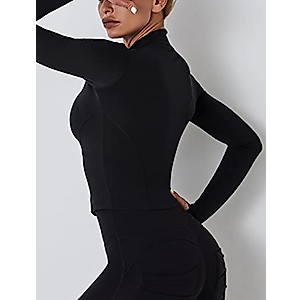 Fenclushy Womens Cropped Slim Athletic Yoga Workout Track Sports Zip Up Jacket with Thumb Holes(Black,M)