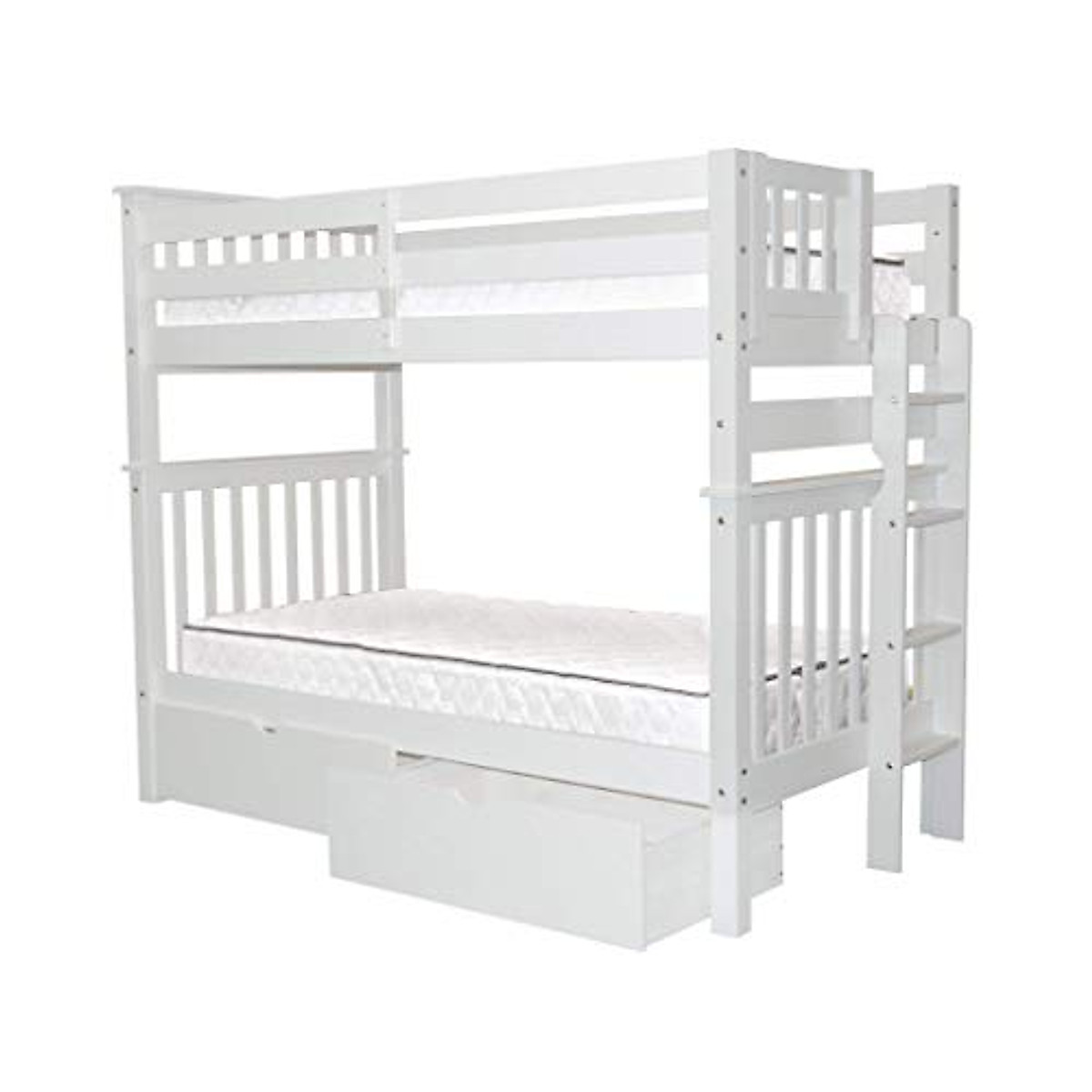 Bedz King Tall Bunk Beds Twin over Twin Mission Style with End Ladder and 2 Under Bed Drawers, White