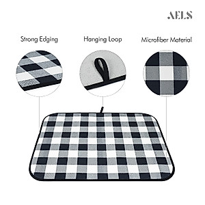 AELS XL 24" x 18" Dish Drying Mat, Set of 2, for Kitchen Counter, Buffalo Check Plaid Tartan Reversible Absorbent Microfiber Dish Drainer/Rack Pads with Hanging Loop