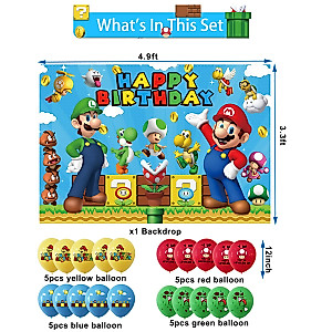 Mario Birthday Party Supplies Decorations Mario Backdrop Banner Cake Topper Balloons for Mario Birthday Party Favors