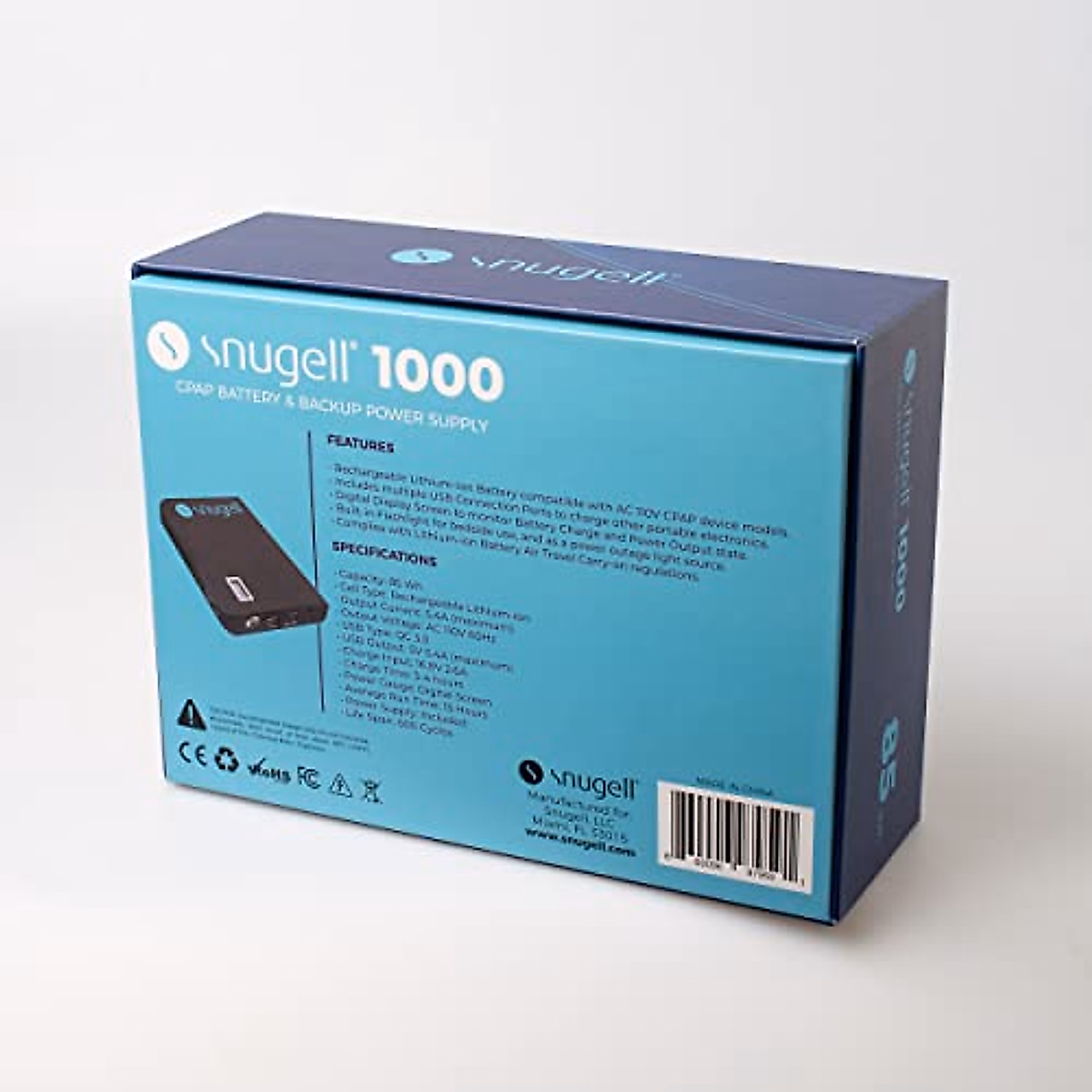 Snugell 1000 CPAP Battery & Backup Power Supply | for All CPAP Machines | Including ResMed AirMini, AirSense 10 & AirSense 11 | Rechargeable Lithium-ion 85 Wh | Adaptable with AC 110V