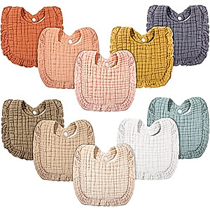 10 Pcs Lace Muslin Baby Bibs Bandana Drool Bib 9 x 10 Inch Burp Cloths 6 Absorbent Layers Bibs for Newborn Unisex (Light Color)