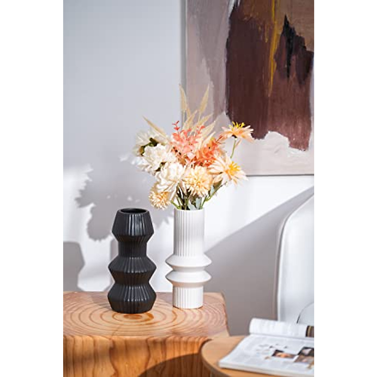 TERESA'S COLLECTIONS Modern Geometric Ceramic Vase for Home Decor, Black and White Decorative Vase for Fireplace, Flower Vases for Dining Table Decor, Living Room, Mantel, Shelf, 8 inch- Set of 2