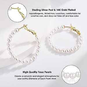 CERSLIMO Pearl Hoop Earrings for Women - 3 Pairs 14K Gold Plated Pearl Hoop Earrings Set, S925 Sterling Silver Post Big Large Hoops 4mm Pearl Earrings Jewelry Gifts 20/30/40mm