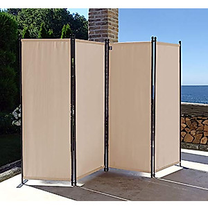 Room Divider 87" W x 65" H Beige | 4-Panel Folding Privacy Screen | Portable Room Partition | Garden Separation Paravent | Water Repellent Indoor & Outdoor Freestanding Wall