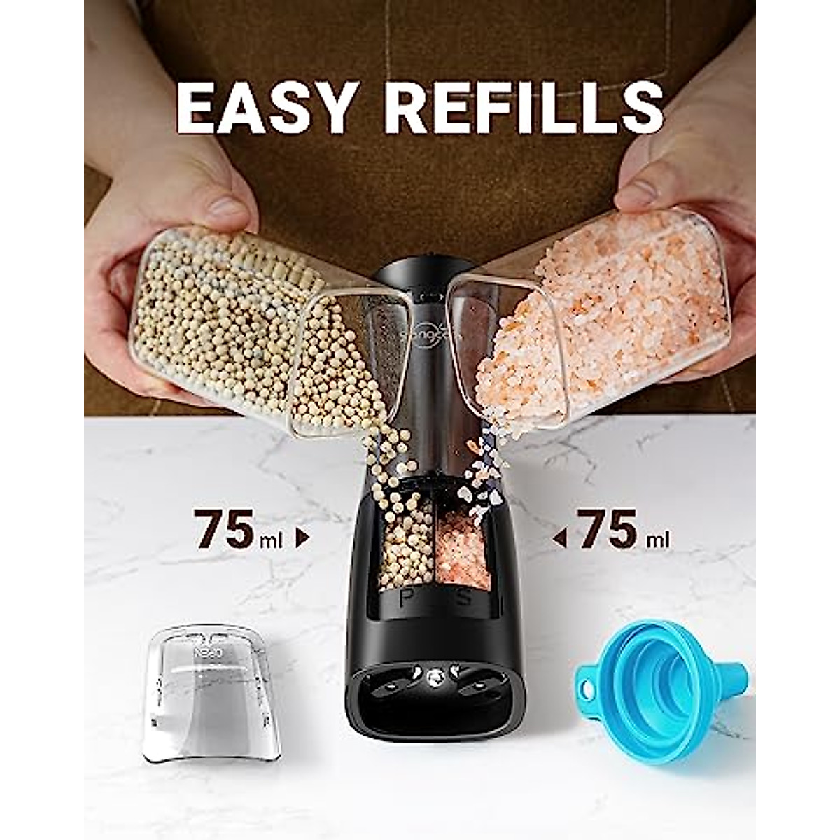 2 in 1 Electric Salt and Pepper Grinder Set Shaker USB Rechargeable, Sangcon Salt and Pepper Grinder Mill Set Dual In One, Automatic Refillable Adjustable Coarseness Ceramic Grinder with Light