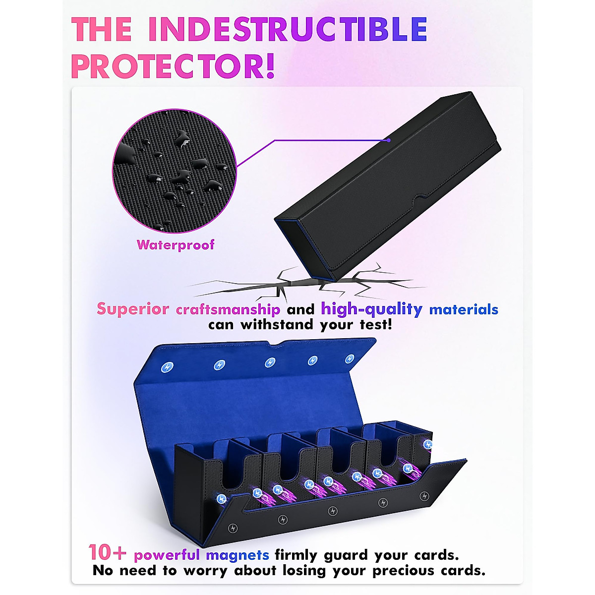 UAONO Card Storage Box with Dice Tray for MTG Yugioh, 5 in 1 Card Deck Case Holds 900+ Unsleeved Cards, Strong Magnet Card Organizer for Magic Commander TCG CCG Sports Cards (Black&Blue)