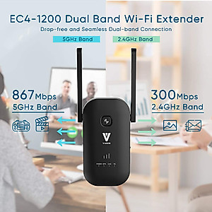 VANIN WiFi Range Extender -1200Mbps WiFi Repeater Wireless Signal Booster 2.4 & 5GHz Dual Band WiFi Extender with 2 Gigabit Ethernet Port, AP & Router Mode, 360°Full Coverage, Simple Setup