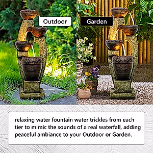 Naturefalls 40” H Modern Outdoor Fountain - 4 Crocks Outdoor Garden Fountains with Contemporary Design&LED Light for Garden, Patio, Deck, Porch, Backyard and Home Art Decor (40inches, Brown and Gray)