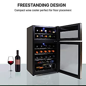 Koolatron 29 Bottle Dual Zone Wine Cooler, Black, 3 cu ft (86L) Compressor Wine Fridge, Freestanding Wine Cellar, Red, White, Sparkling Wine Storage in Home Bar, Kitchen, Apartment, Condo