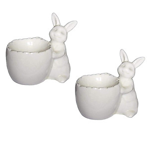 Easter Bunny Porcelain Egg Cup, Set of 2 Vintage White Rabbit Ceramic Egg Holders Easter Decorations Spring Home Party Decor Favors, Handmade