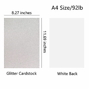 Hysiwen 20 Sheets Silver Glitter Cardstock, 250gsm/92lb A4 Sparkly Paper for Making Cards, Invitations, Paper Crafts, Party Decoration