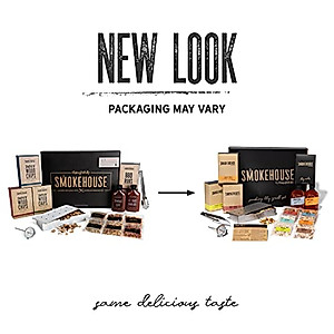 Smokehouse by Thoughtfully, Smoking BBQ Grill Set, Includes 3 Types of Wood Chips, Smoker Box, 2 Sauces and 6 Rubs, Thermometer, Tongs and Grill Guide