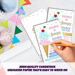 Ice Cream Birthday Party Invitations, Double the Scoops Double the Fun Twin Babies 1st Birthday Party Invitation, Summer Ice Cream Theme, Birthday Party Supplies, 20 Invitations with Envelopes - JY691