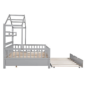 P PURLOVE Full Size House Bed Frame with Trundle,Montessori Bed Frame for Kids,Kids House Bed Frame with Shelf for,Full Size Daybed with Trundle with Slat,No Box Spring Need,Gray