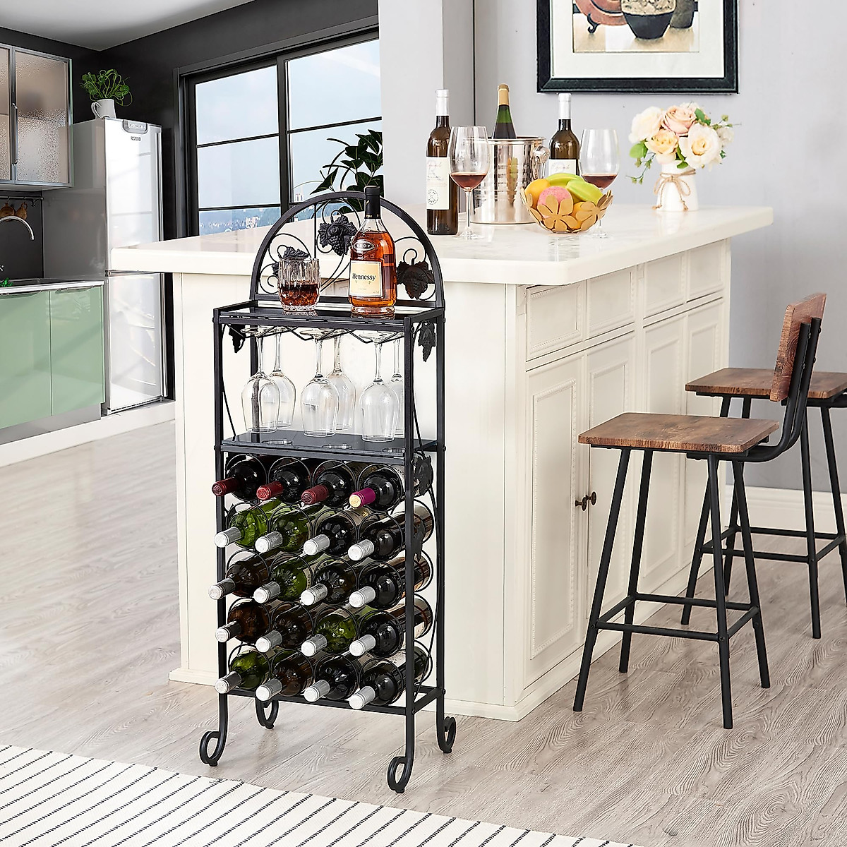 VECELO Metal Wine Rack Hold 20 Bottles with Glasses Holder, Freestanding Floor Bar Storage & Display Shelf for Kitchen Dining Living Room, Black Glass Top