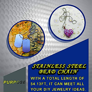 Stainless Steel Ball Chain, Necklace Chain Ball Bead, 55ft Bead Chain Ball Chain Bulk Bead Chain with 100 Pcs Matching Connectors Clasps for Necklace Hanging, Dog Tag, DIY Crafts, 2.0mm Diameter