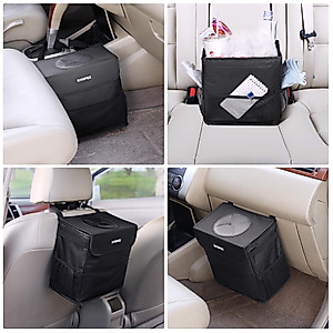 Ryhpez Car Trash Can with Lid - Car Trash Bag Hanging with Storage Pockets Collapsible and Portable Car Garbage Can with Metal Rack Support