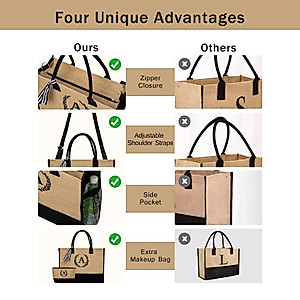 CRSTAFU Beach Tote Bag with Zipper, Burlap Tote Bag for Women, Personalized Monogrammed Birthday Gifts for Women, Bolsos de Mujer with Exquisite Initials Embroidery Pattern (M)