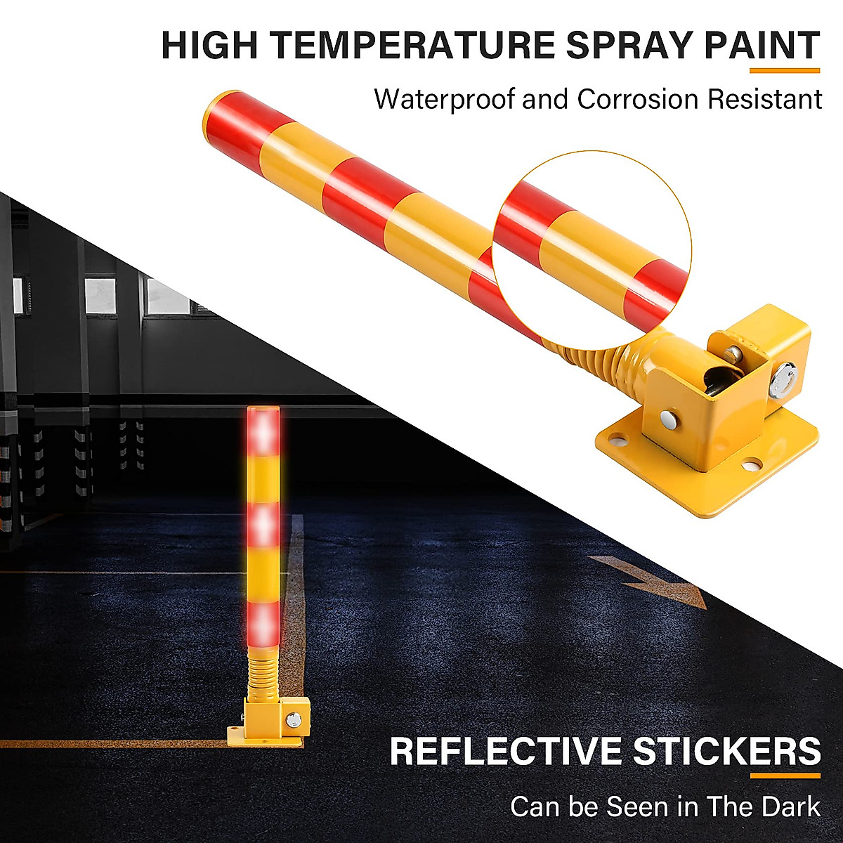 Spring Parking Post, Parking Barrier Parking Lock Folding Heavy Metal Parking Obstacle Pile with Warning Stripes, Parking Piles,Driveway Parking Interceptor Bollard (Red)