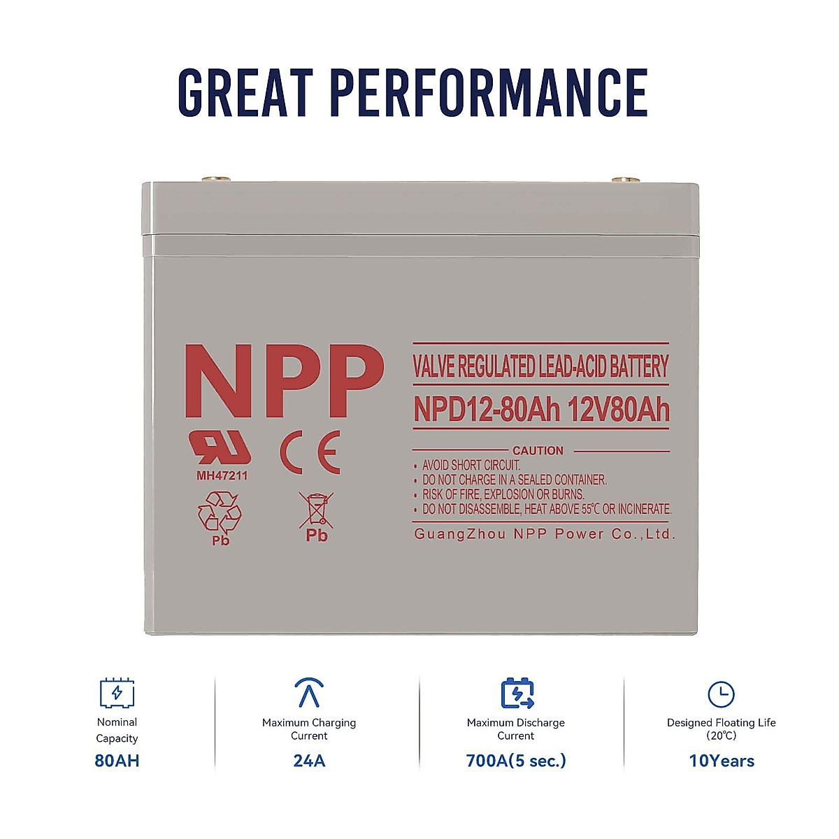 NPP NPD12-80Ah 12V 80Ah Group 24 AGM Deep Cycle Rechargeable Battery for Backup Sump Pump, Trolling Motor, Solar System, Mobility Wheelchair, General Use