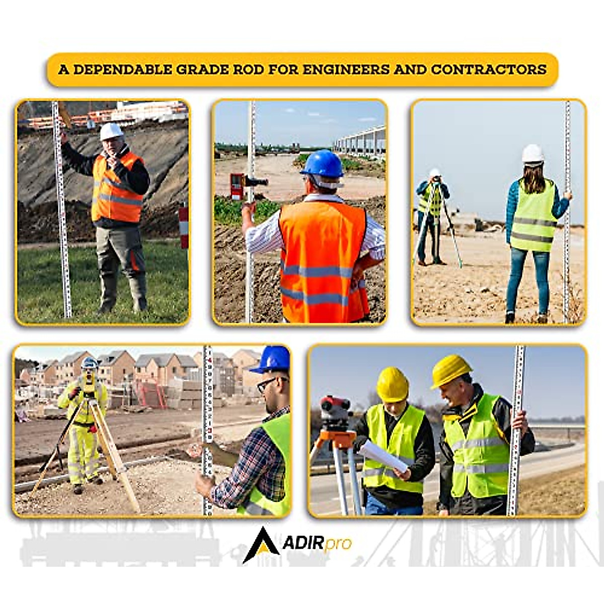 AdirPro 25-Foot Fiberglass Grade Rod – 10ths, 6-Section Telescoping Rectangular Leveling Rod – Non Glare and Corrosion Resistant – Heavy Duty Carrying Case Included