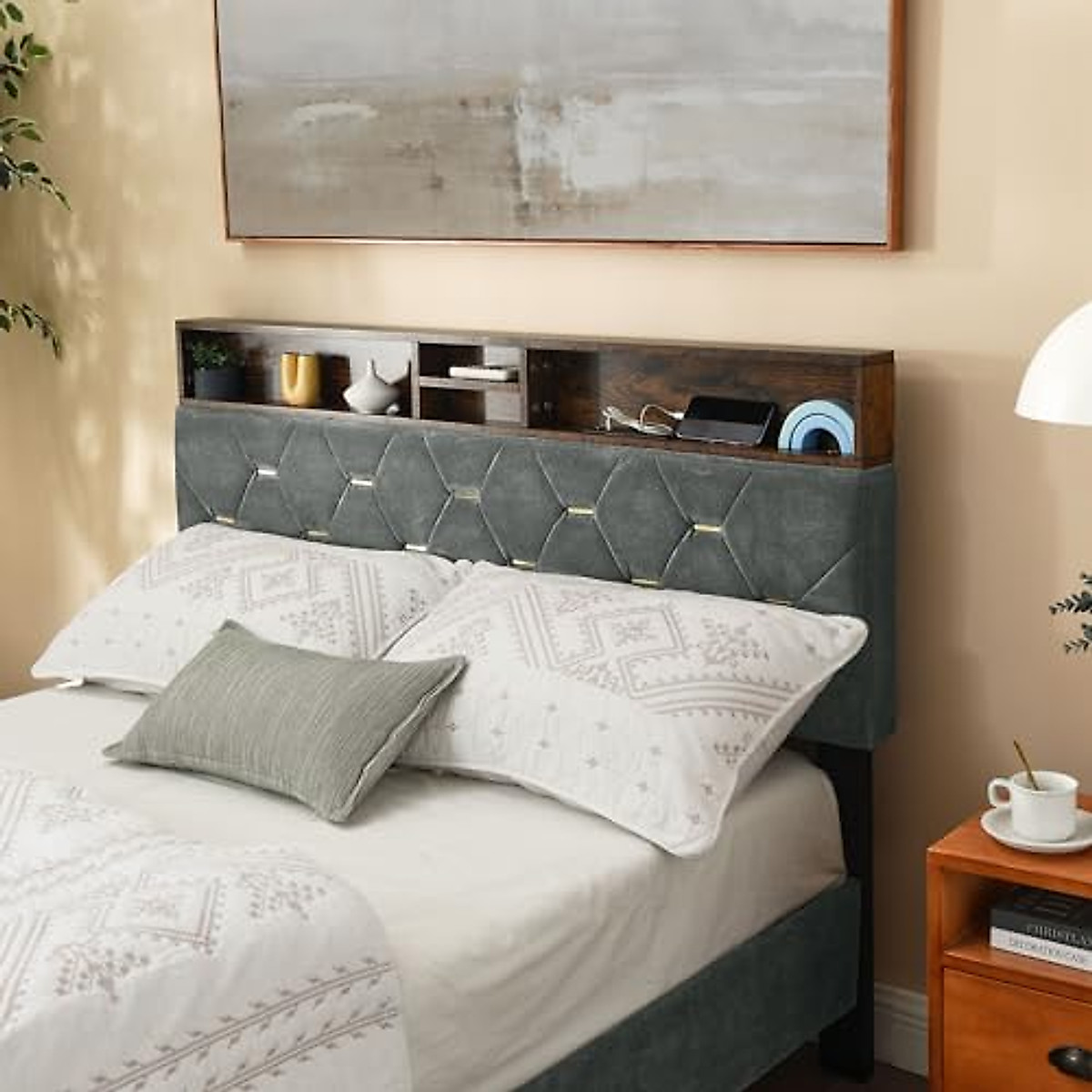 CuisinSmart Queen Size Bed Frame with Headboard,Storage & USB Ports & Outlets,No Box Spring Needed,78.5" x 57",Grey Bed Frame Furniture for Bedroom,Farmhouse,Hotel